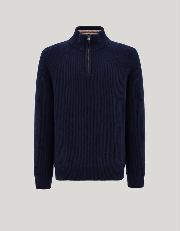 Canali Navy Cashmere English Rib Zippered Mock Neck Sweater