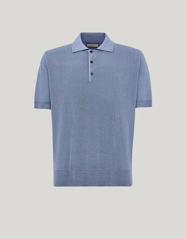 Canali Air Force Blue Wool And Silk Flat-rib Polo Shirt