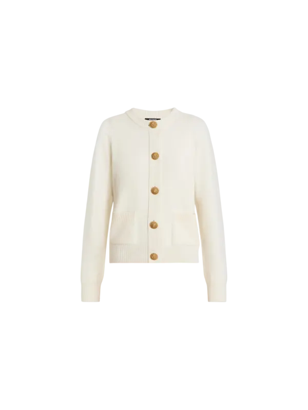 Balmain Eco-cashmere Cropped Cardigan With Embossed Gold-tone Buttons - White