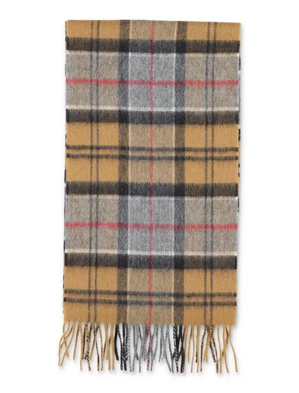 Barbour Wool & Cashmere Tartan Scarf, 180 Cm X 25 Cm With Fringed Edges - Beige Check
