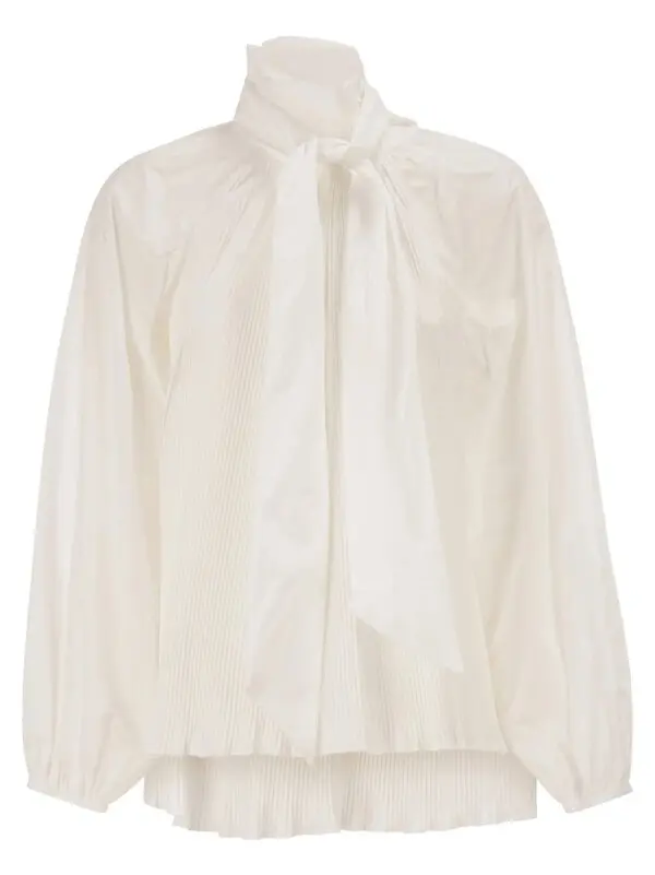 Max Mara Silk Taffeta Blouse With High Collar And Keyhole Back - Bianco
