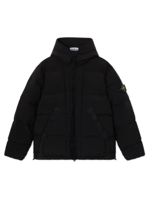 Stone Island Hooded Down Jacket With Zip Closure And Sleeve Badge - Nero