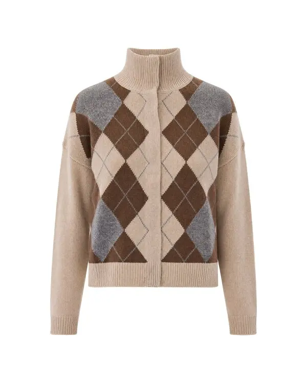 Max Mara Argyle Knit Turtleneck Cardigan