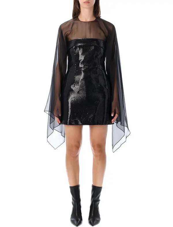 Alberta Ferretti Sequin Mini Dress With Sheer Chiffon Cape - Nero