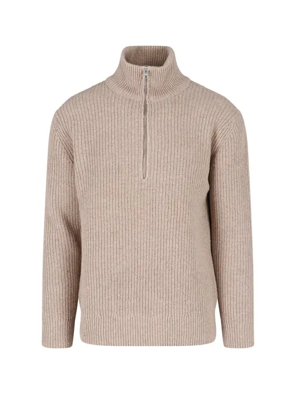 Closed Ribbed Half-zip Mock Neck Sweater - Beige