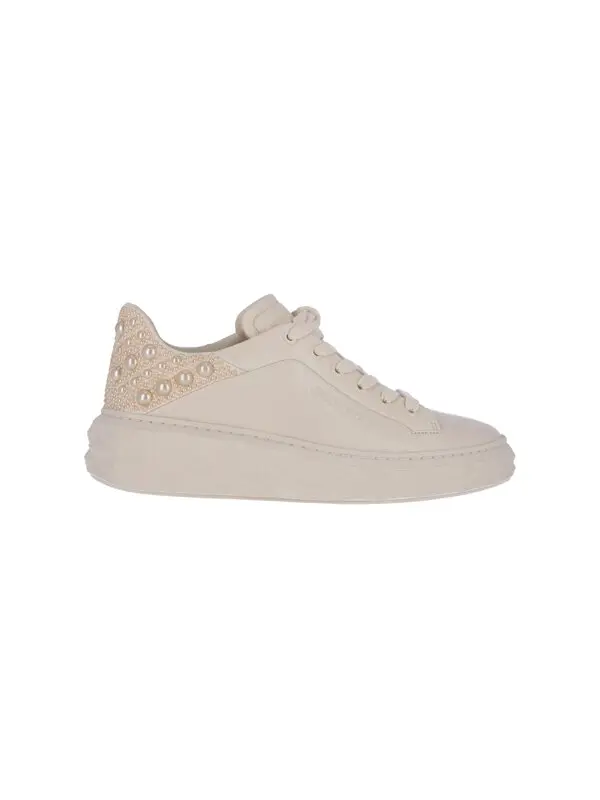 JIMMY CHOO Pearl Embellished Platform Lace-up Sneakers - White