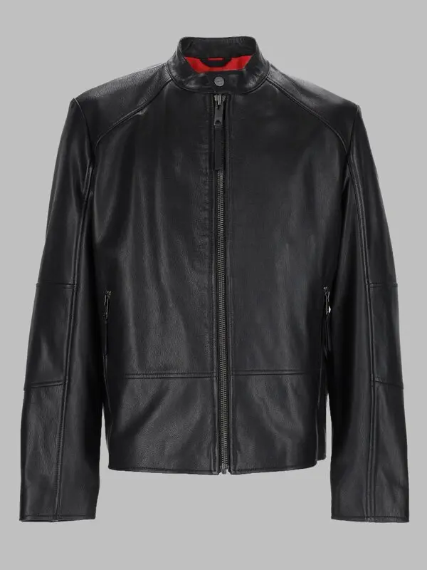 Hugo Leather Zip-front Jacket With Stand Collar