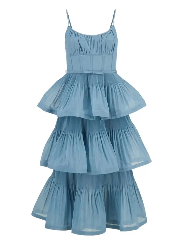 Zimmermann Structured Bodice Mini Dress With Ruching And Cascading Frills - Blu
