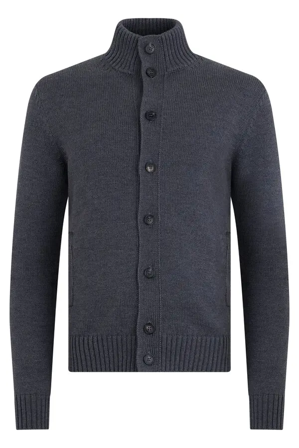 SLOWEAR Virgin Wool Cardigan With Collar - Heather Grey