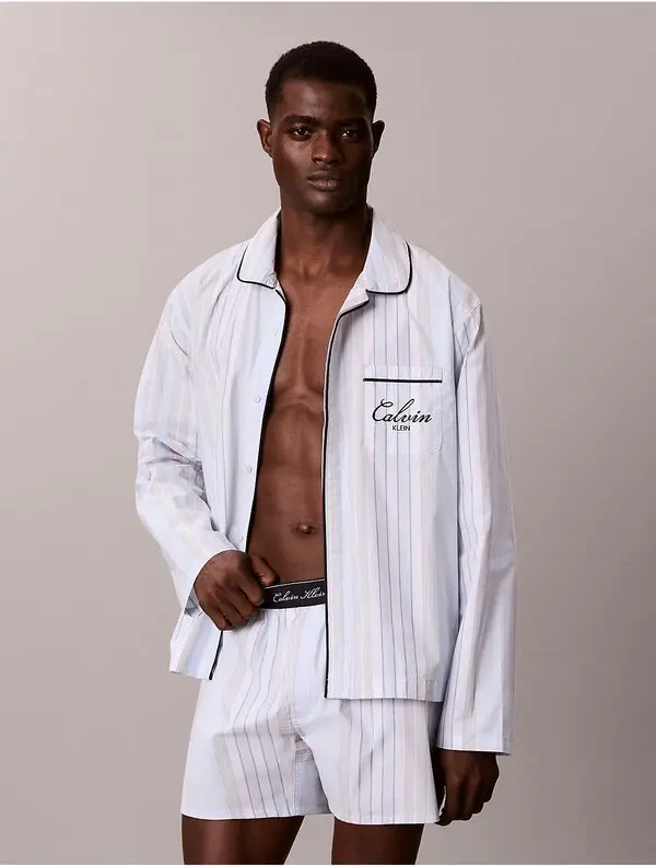 Calvin Klein Cotton Poplin Script Button-down Sleep Shirt - Crest Stripe