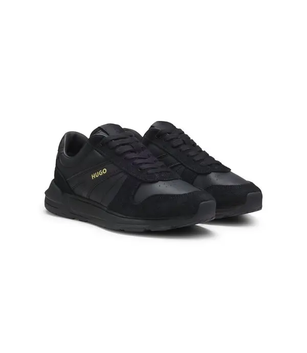 Hugo Suede Sneakers With Gold-tone Foil Logo - Black