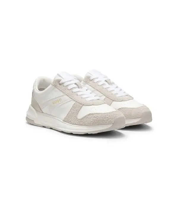 Hugo Suede Sneakers With Gold-tone Foil Logo - White