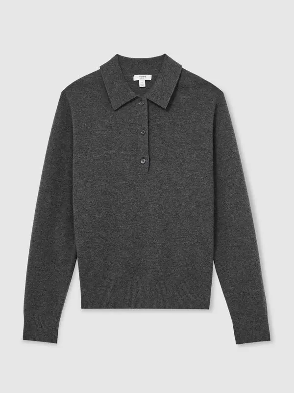 REISS Brooke Merino Wool Knitted Polo Jumper - Grey Marl