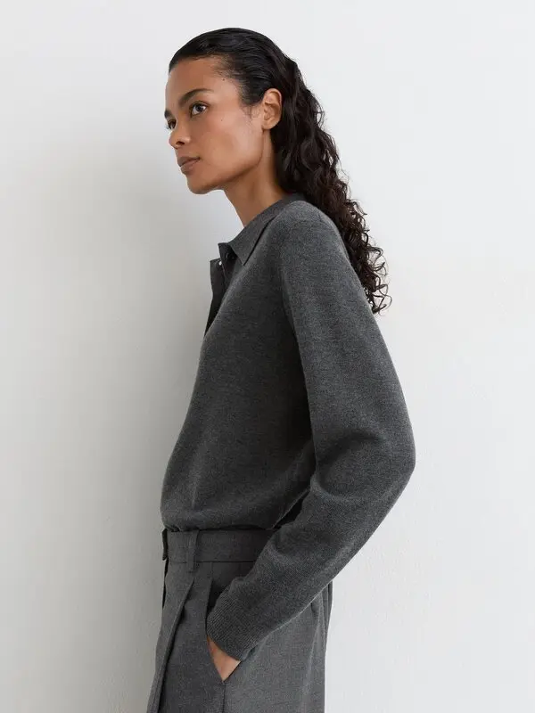 REISS Brooke Merino Wool Knitted Polo Jumper - Grey Marl