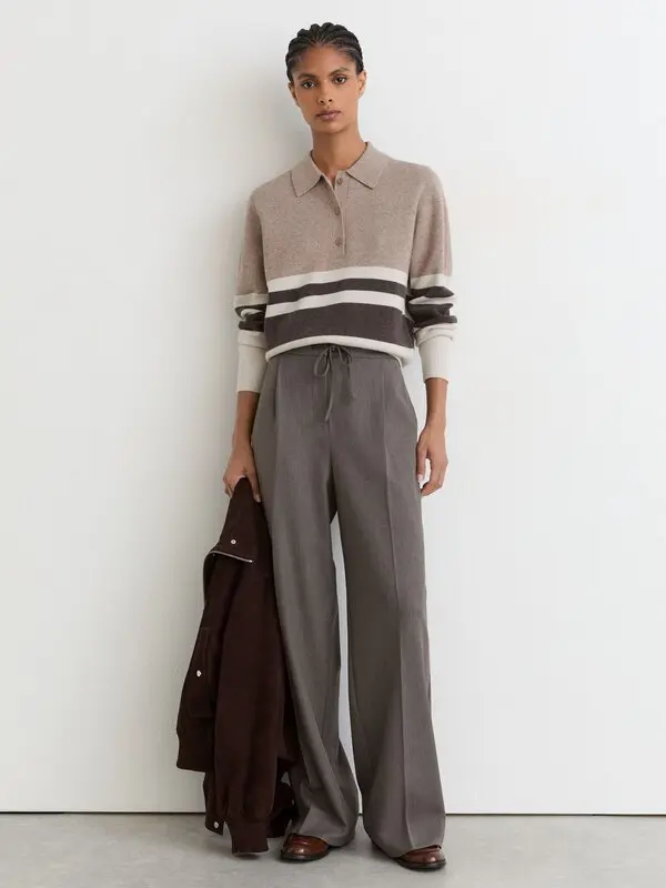 REISS Bronte Wool-blend Rugby-stripe Polo Top With Cashmere - Neutral/chocolate Brown