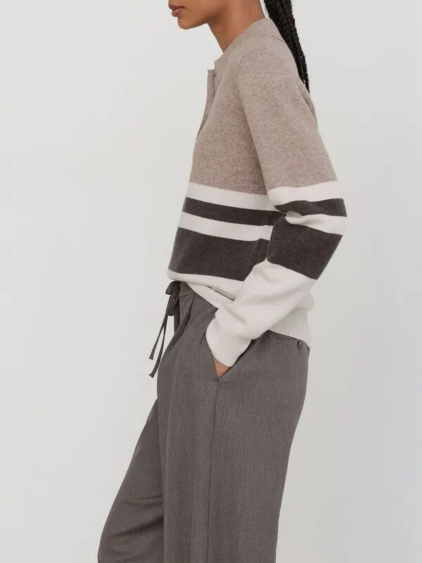 REISS Bronte Wool-blend Rugby-stripe Polo Top With Cashmere - Neutral/chocolate Brown