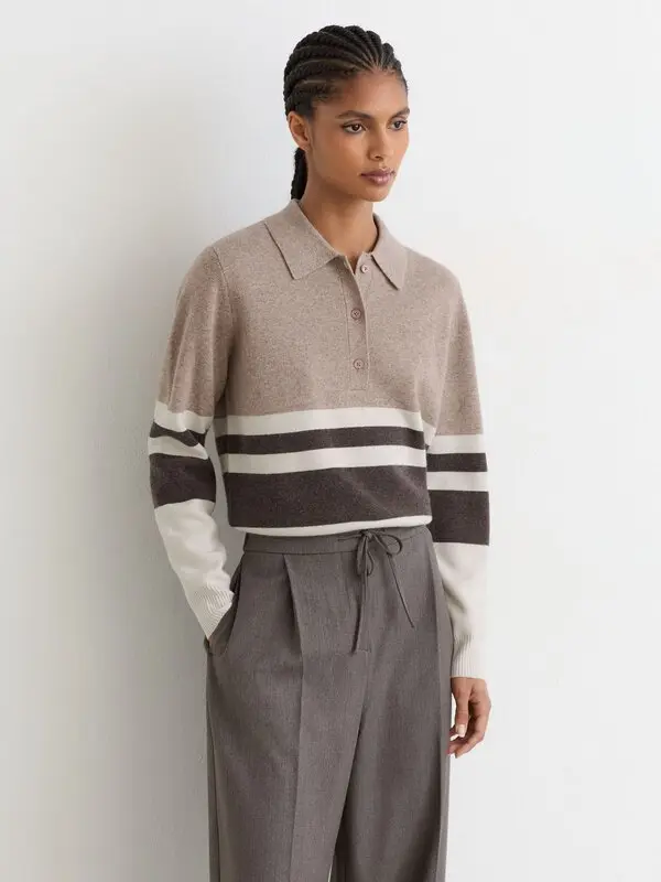 REISS Bronte Wool-blend Rugby-stripe Polo Top With Cashmere - Neutral/chocolate Brown