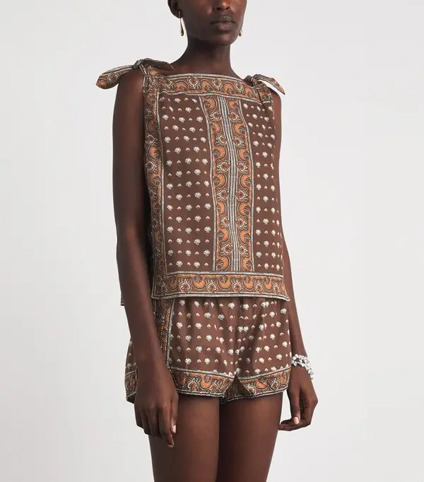 DÔEN Organic Cotton Amalia Top With Foulard De La Mer Print - Brown