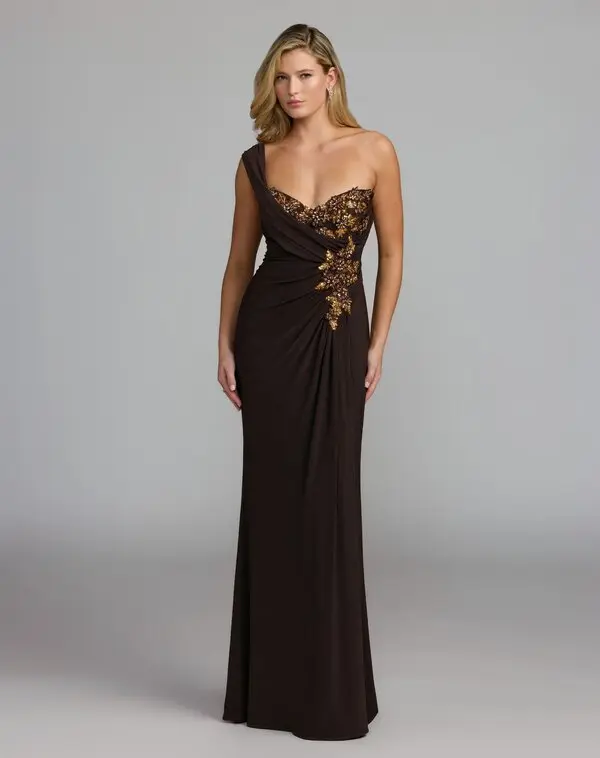 Mac Duggal Brown One Shoulder Embellished Jersey Gown