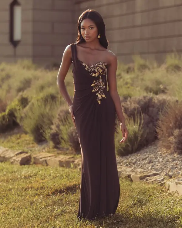 Mac Duggal Brown One Shoulder Embellished Jersey Gown