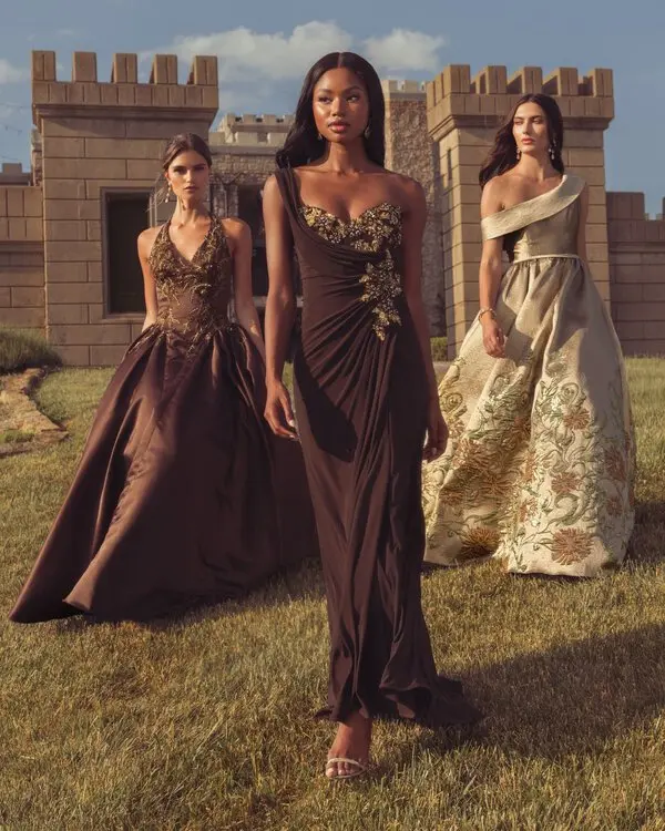 Mac Duggal Brown One Shoulder Embellished Jersey Gown