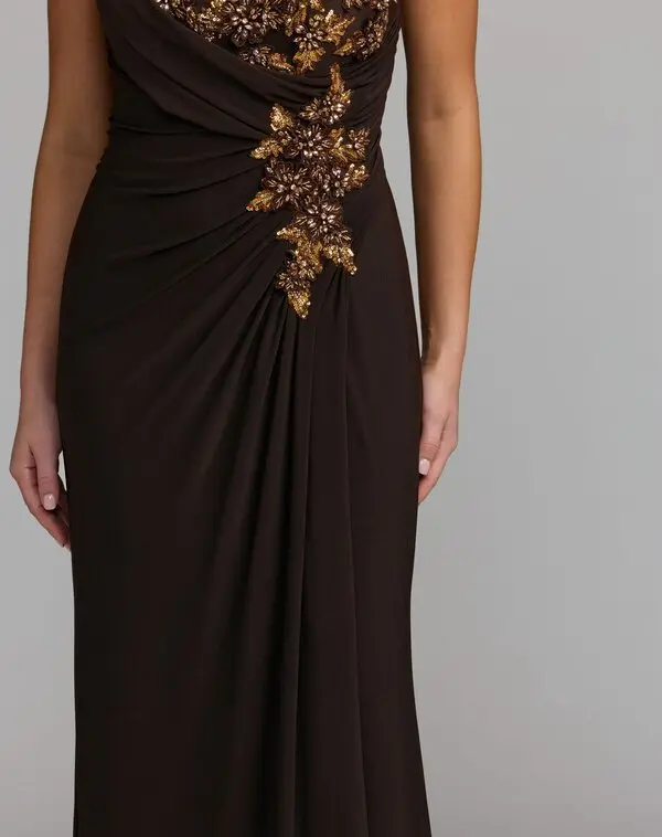 Mac Duggal Brown One Shoulder Embellished Jersey Gown