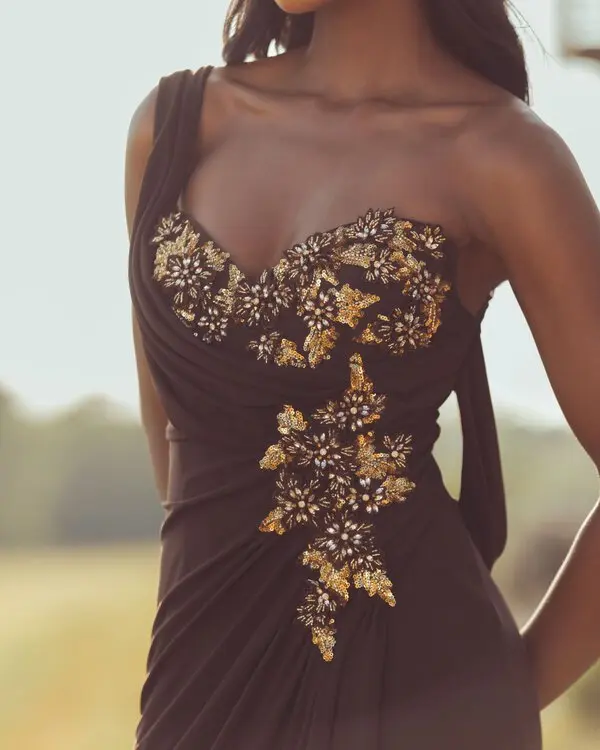 Mac Duggal Brown One Shoulder Embellished Jersey Gown