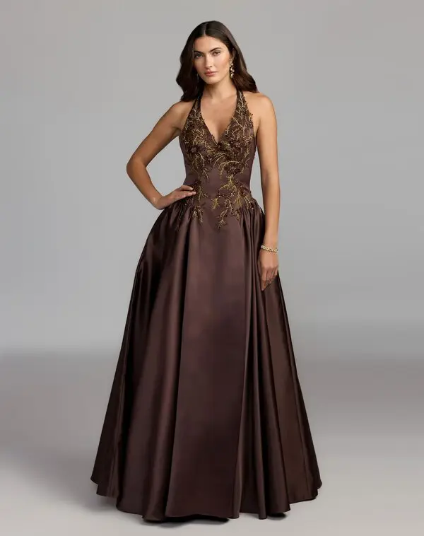 Mac Duggal Halter Neck Floral Embroidered A-line Gown