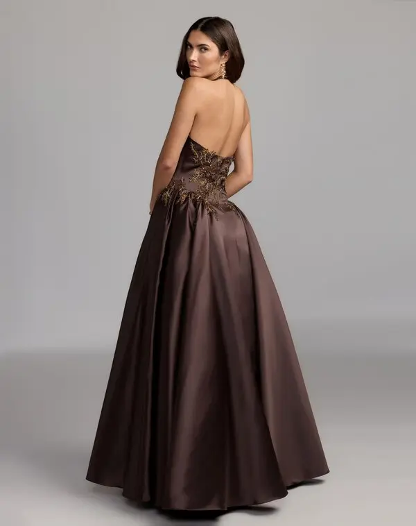 Mac Duggal Halter Neck Floral Embroidered A-line Gown
