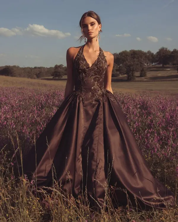 Mac Duggal Halter Neck Floral Embroidered A-line Gown