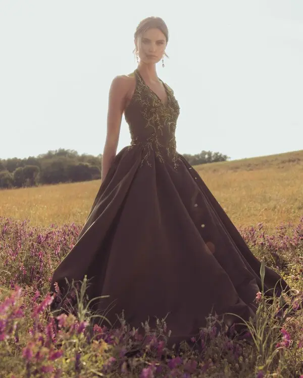 Mac Duggal Halter Neck Floral Embroidered A-line Gown