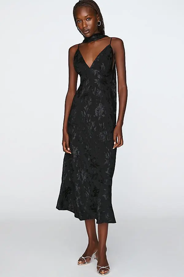 Maeve Clara Scarf-neck Jacquard Midi Dress - Black