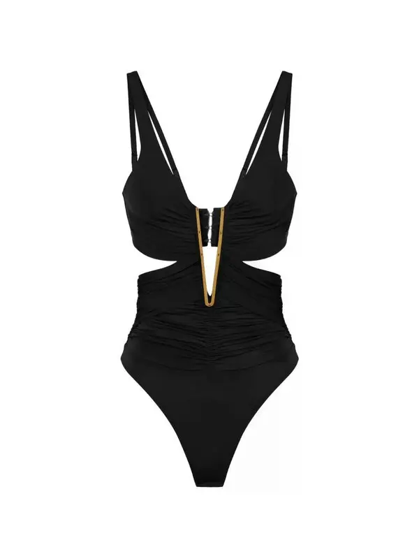 Elisabetta Franchi Draped Cut-out Bodysuit With Golden V-plaque