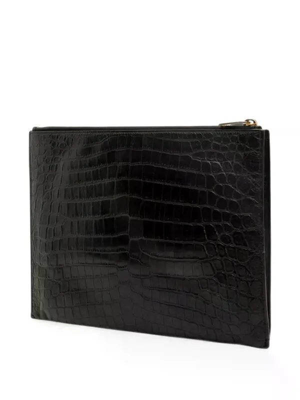 Saint Laurent Croc Embossed Leather Monogram Zipped Tablet Holder Clutch Bag