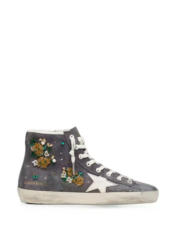 GOLDEN GOOSE Francy Suede Sneakers With Crystal And Flower-bead Embroidery - Grey