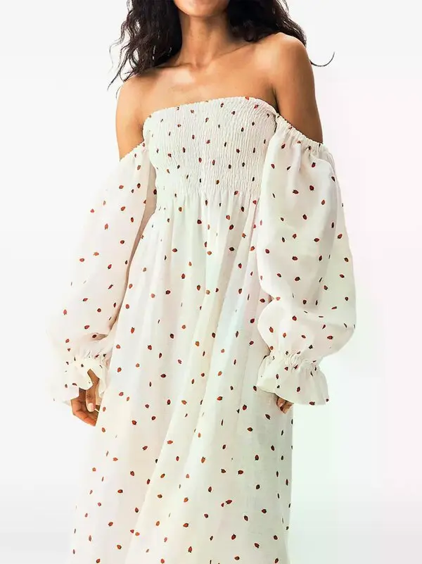Sleeper Atlanta Strawberry-print Linen Midi Dress - White