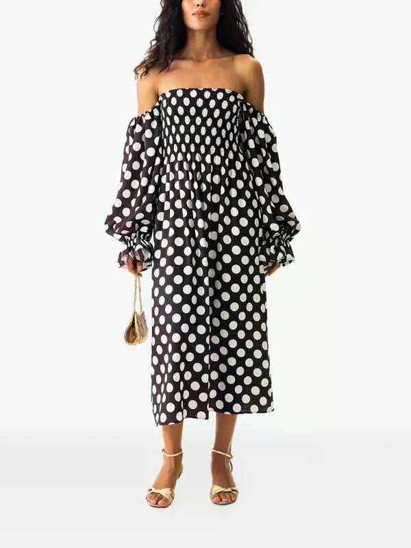 Sleeper Atlanta Polka-dot Off-the-shoulder Midi Dress - Black