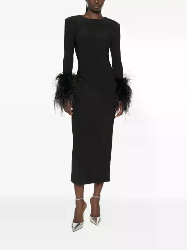 TWENTY FOURHAITCH Feather-trim Long-sleeve Midi Dress