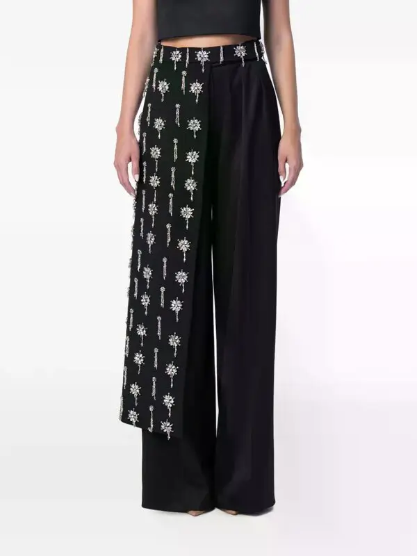 M.MARQUISE Wool Crystal Embellished Draped Wide-leg Trousers