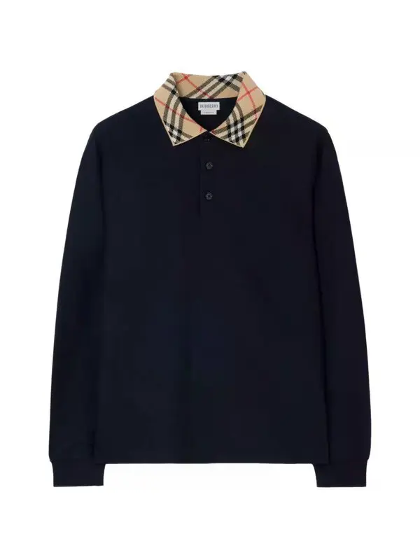 Burberry Long-sleeve Check Collar Cotton Polo Shirt