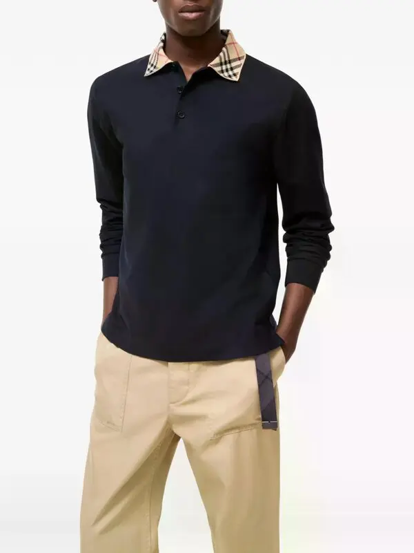 Burberry Long-sleeve Check Collar Cotton Polo Shirt