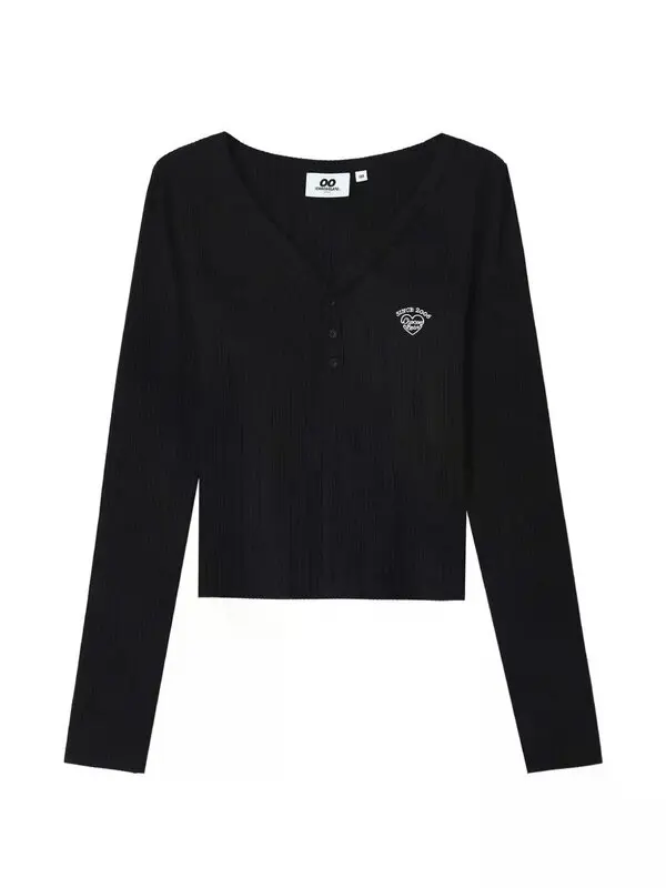 CHOCOOLATE Ribbed Knit Long Sleeve Top With Embroidered Heart