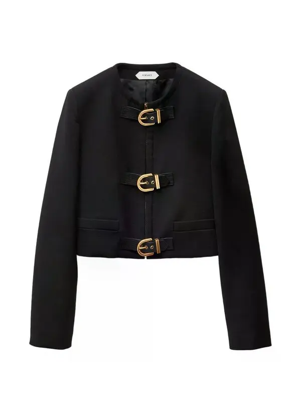 Versace Natté Wool Crop Jacket With Metal Buckles