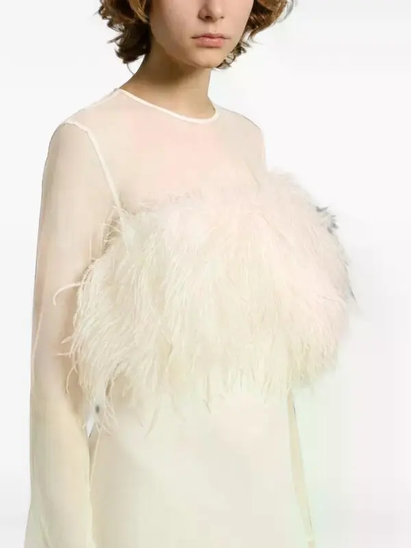 Alberta Ferretti Feather-detail Sheer-panel Midi Dress - White