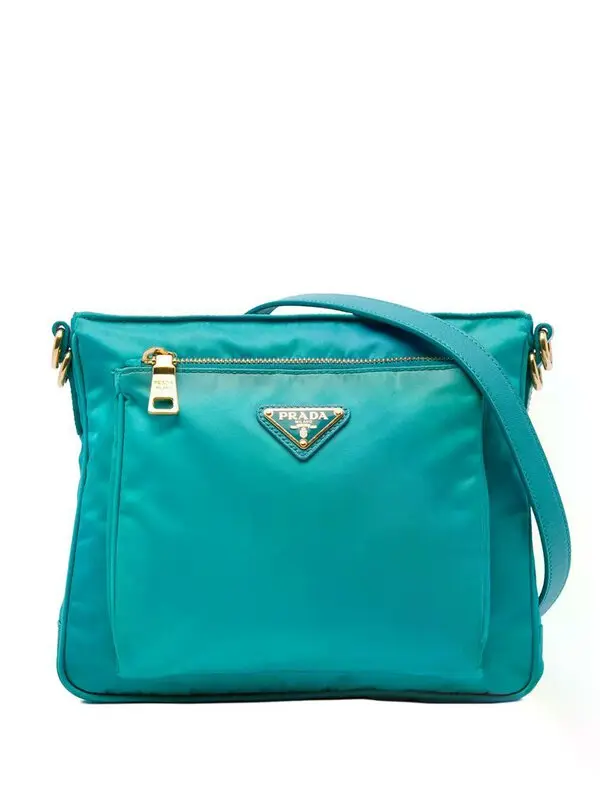 Prada Saffiano Trimmed Tessuto Zip Top Crossbody Bag - Blue