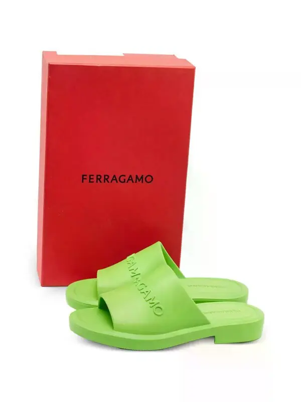 FERRAGAMO Giuneva Embossed Logo Slide Sandals - Green