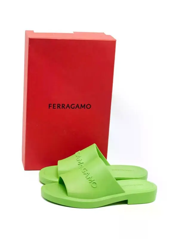 FERRAGAMO Giuneva Embossed Logo Slide Sandals - Green