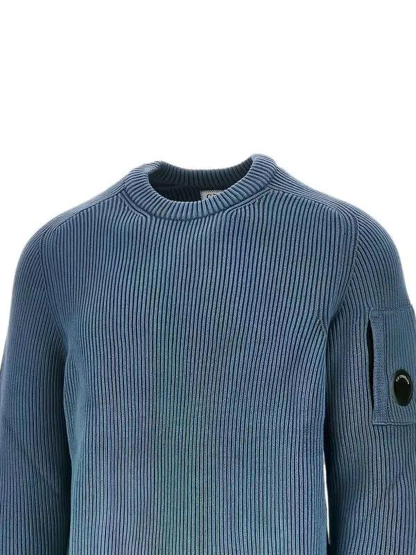 C.P. COMPANY Full Rib Cotton Crewneck Sweater With Lens Detail - Blue