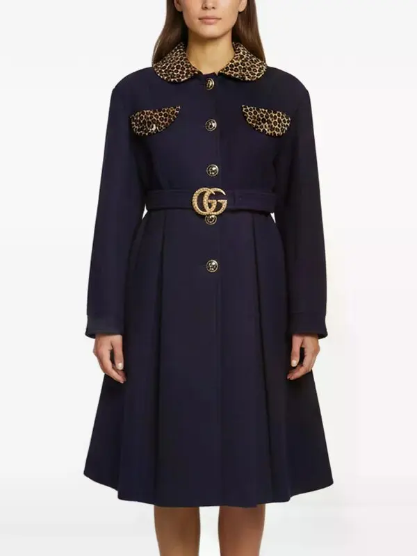 Gucci Leopard-print Trim Belted Wool Coat
