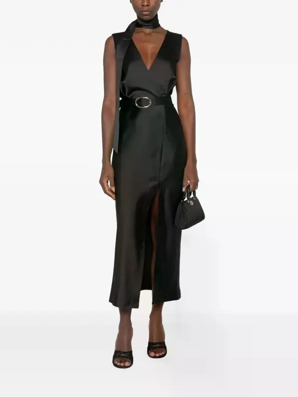 Imperial Belted Wrap-style Dress With Front Slit - Black
